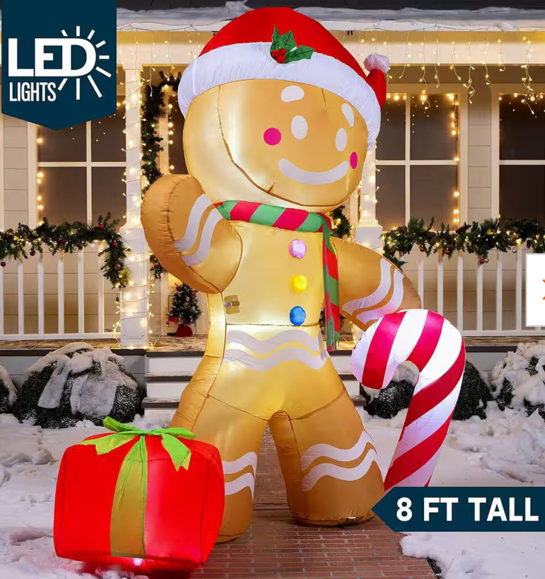 8 ft. Christmas Inflatable Gingerbread Man with Candy Cane, Blow Up In ...